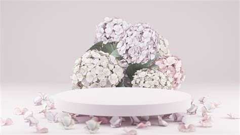 제품 디스플레이 최소한의 컨셉 프리미엄 일러스트 파스텔 꽃 요소 아름다움 화장품 발렌타인 데이를 위한 기하학적 모양의 포디움이 있는 3d 렌더링 플라워 백컬러 0명에 대한