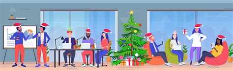 디지털 가젯메리 크리스마스와 새해 겨울 휴일 축하 개념 현대 사무실 인테리어 전체 길이 수평을 사용하여 산타 클로스 모자를 착용 비즈니스 사람들 12월에 대한 스톡 벡터