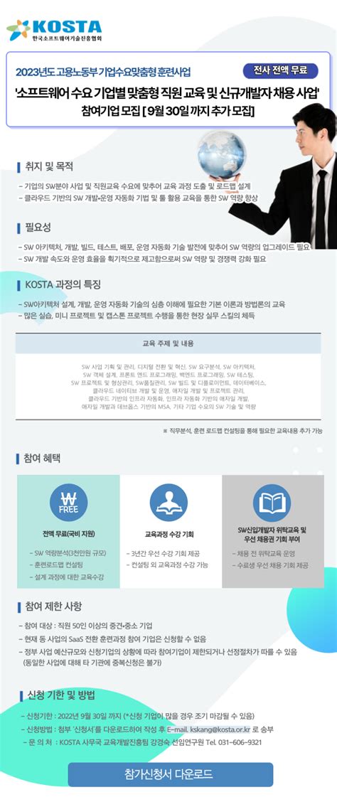 Sw기술협 소프트웨어 수요 기업별 맞춤형 직원 교육 및 신규개발자 채용 사업 참여기업 모집선착순마감 Kosta