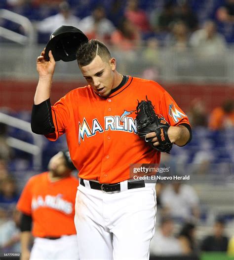 Miami Marlins Pitcher Jose Fernandez Reacts To Giving Up A Single To