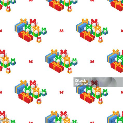 흰색 배경에 컬러 선물 상자가있는 등색 벡터 원활한 패턴 리본 마크 플랫 만화 스타일의 3d 등가시적 매끄러운 패턴이있는 상자를