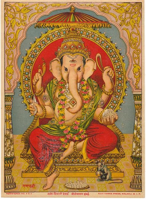 Rare Original Raja Ravi Varma Lithograph Ganapati 9x7 Lord Ganesh