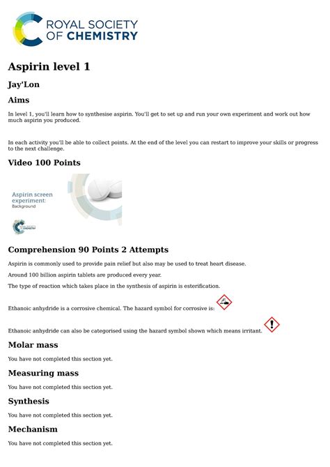 Aspirin Level 1 Labnotebook Aspirin Level 1 Jay Lon Aims In Level 1 You Ll Learn How To Studocu
