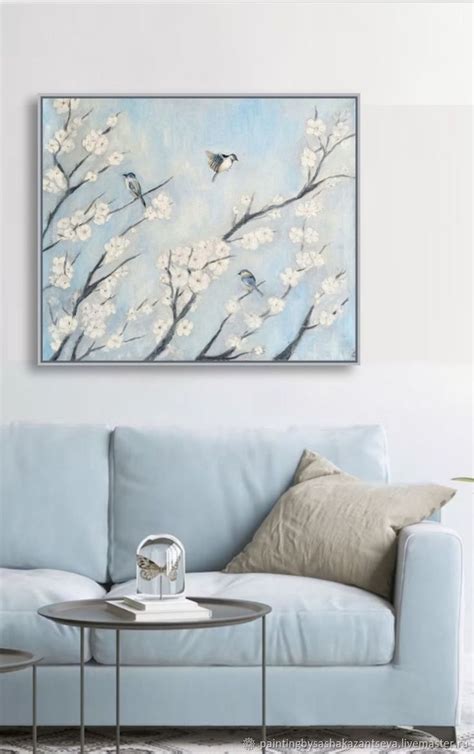 Нежная картина с цветами и птицами Светлая картина маслом в интерьер в интернет магазине на