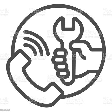 전화 수리 서비스 라인 아이콘 Pcrepair 개념 흰색 배경에 콜 센터 벡터 기호 전화 손 렌치 윤곽 스타일 모바일 개념 및