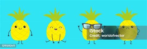 파인애플 과일 아이콘 세트 안녕하세요 여름 귀여운 만화 가와이 웃는 재미있는 아기 캐릭터 행복 슬픈 화가 미소 감정 손 다리