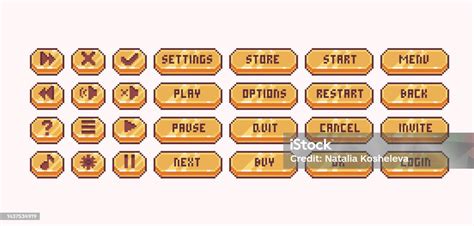 황금 빛나는 버튼 픽셀 아트 세트입니다 노란색 밝은 바 컬렉션입니다 풍부하고 고급스러운 패널 8 비트 스프라이트 0명에 대한 스톡 벡터 아트 및 기타 이미지 Istock