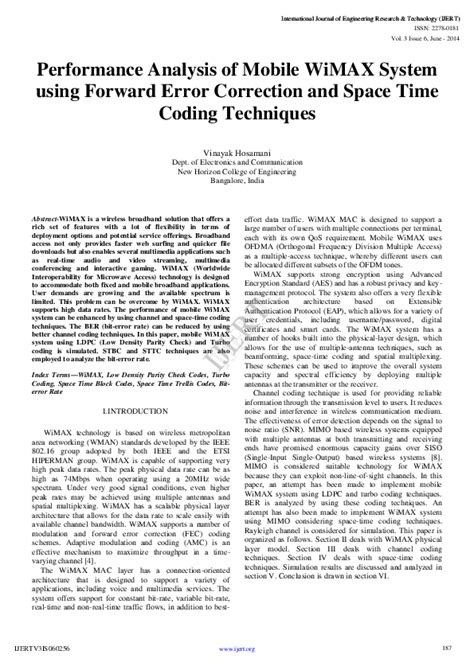 Pdf Ijert Performance Analysis Of Mobile Wimax System Using Forward Error Correction And Space