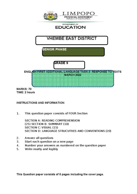 Grade 9 Task 3 Test Vhembe East District Senior Phase Grade 9 English First Additional