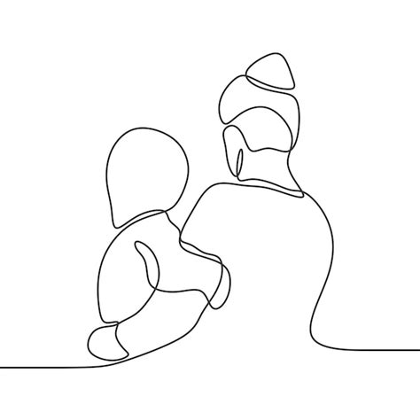 엄마와 아이 사랑 그림 연속 그리기 단일 라인 아트 프리미엄 벡터