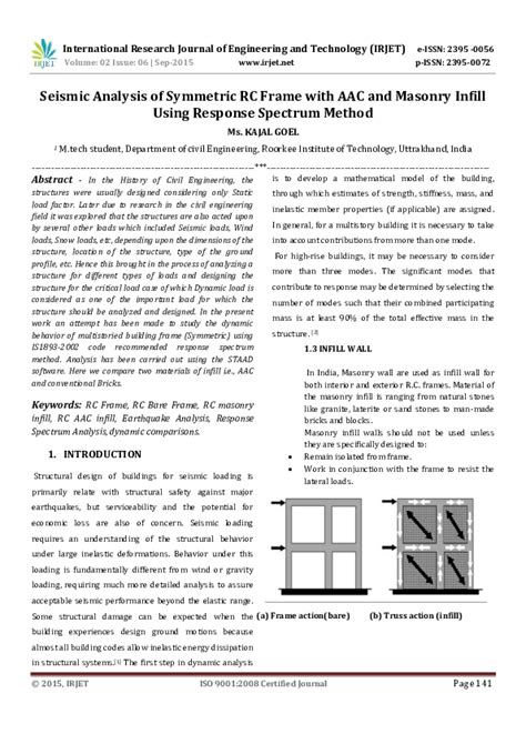 Pdf Irjet Seismic Analysis Of Symmetric Rc Frame With Aac And Masonry Infill Using Response