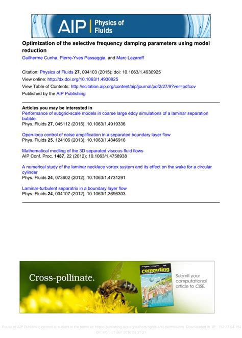 Pdf Optimization Of The Selective Frequency Damping Parameters Using Model Reduction