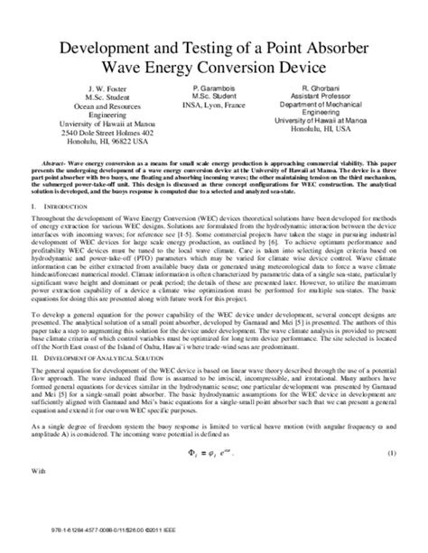 Pdf Development And Testing Of A Point Absorber Wave Energy Conversion