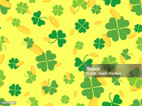 클로버 잎과 황금 동전 완벽 한 패턴입니다 성 패트릭의 날을 위한 휴일 기호 클로버와 동전이 있는 배경 인쇄 엽서 및 인쇄를위한 디자인 벡터 그림 3월에 대한 스톡 벡터