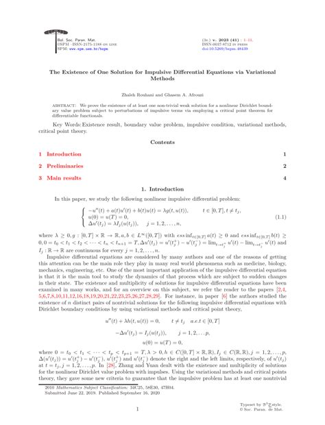 Pdf The Existence Of One Solution For Impulsive Differential