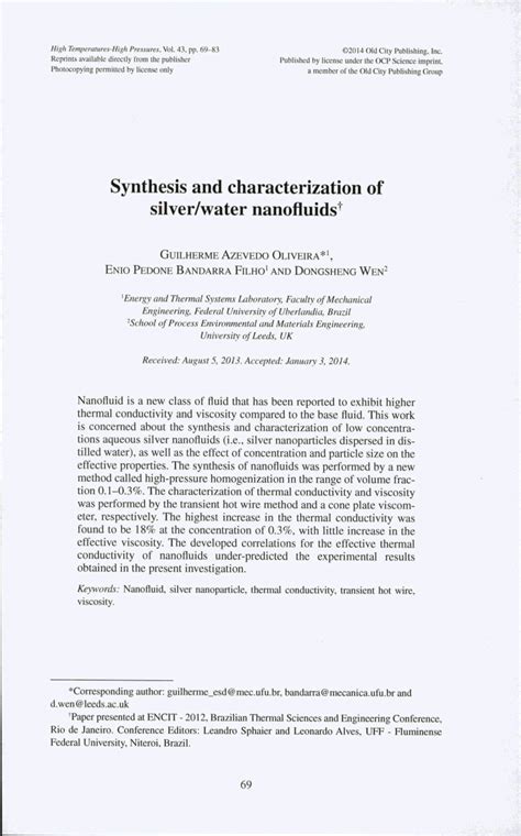 Pdf Synthesis And Characterization Of Silver Water Nanofluids