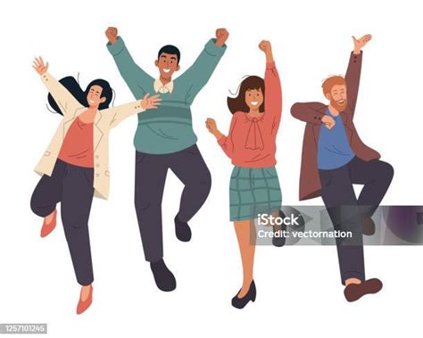 성공을 축하하는 비즈니스 사람들의 행복한 그룹 쾌활한 젊은 이들이 만화 캐릭터 사람들에 대한 스톡 벡터 아트 및 기타 이미지 사람들 행복 명랑한 Istock