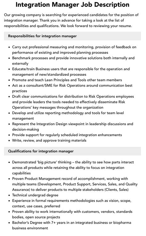 Integration Manager Job Description Velvet Jobs