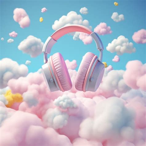 Pastel Colors 3d Headphones Floating On Cotton Candy Clouds With A