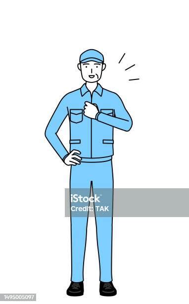 모자를 쓰고 작업복을 입은 노인이 가슴을 두드리고 있다 가슴 두드리기에 대한 스톡 벡터 아트 및 기타 이미지 가슴 두드리기