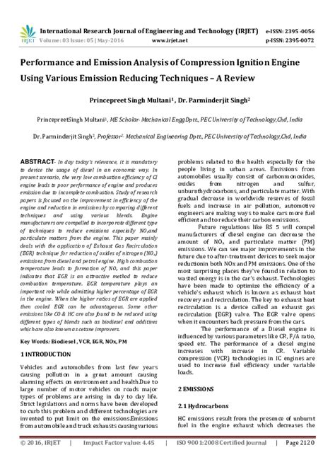 Pdf Performance And Emission Analysis Of Compression Ignition Engine Using Various Emission