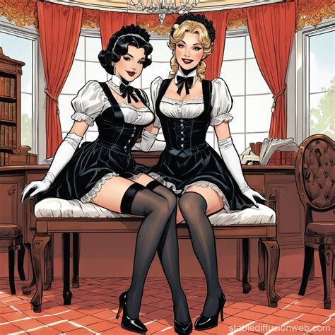 View From Below Two Maids Dressed In Black Regency Costume In Otk