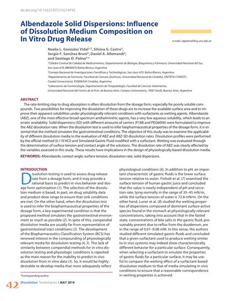 Pdf Albendazole Solid Dispersions Influence Of Dissolution Medium Composition On In Vitro