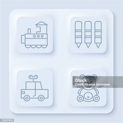 세트 라인 장난감 기차 그림 왁스 크레용 장난감 자동차와 테디 베어 봉제 인형 흰색 정사각형 버튼 벡터 교육에 대한 스톡 벡터