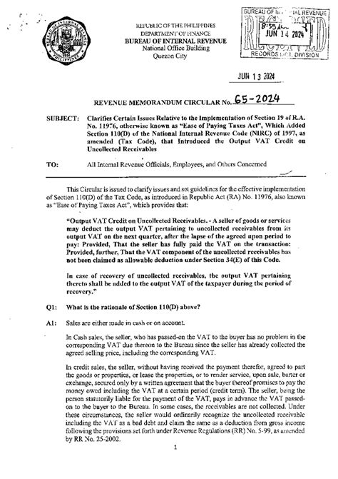 Rmc No 65 2024 Rmc 65 2024 Bureau Of Revenue Internal Tin Of Republic Of The Philippines