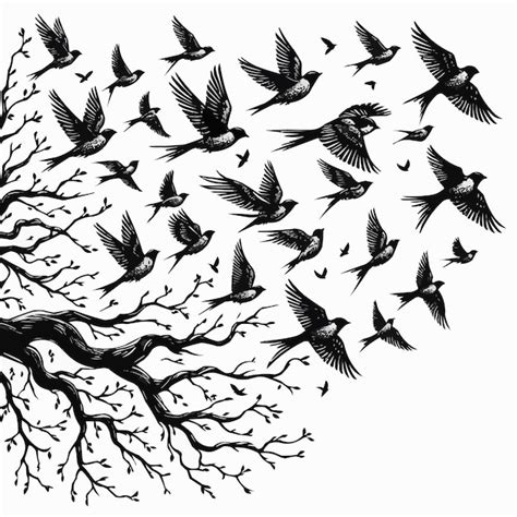 Premium Vector Vector Flock Of Flying Birds On Tree Branch