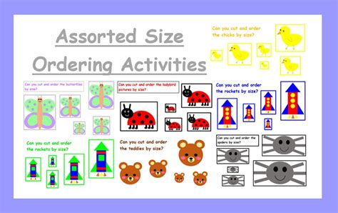 Size Ordering Activities Order By Size Seven Different Themes Teaching Resources