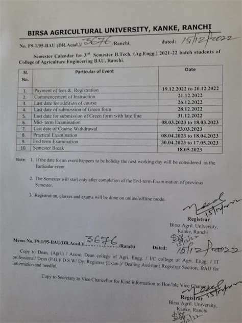 Semester Calendar For 3rd Semester B Tech Agril Engg Batch 2021