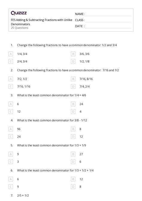 50 Subtracting Fractions With Unlike Denominators Worksheets On Quizizz Free And Printable