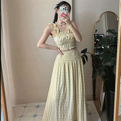 슬리브리스 밴딩 크롭 나시탑 롱스커트 투피스 세트3col