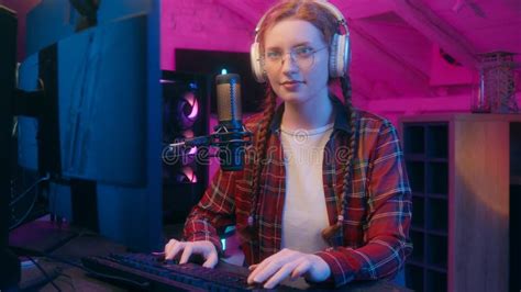 Close Up Caucasian Woman Girl Streamer Gamer Cyber Gaming Addiction Female Blogger Influencer
