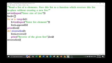 Cbse Class 11 Cs Python Reverse A List In Place Without Creating A
