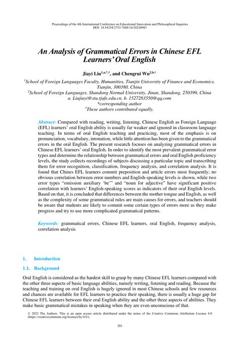 Pdf An Analysis Of Grammatical Errors In Chinese Efl Learners Oral