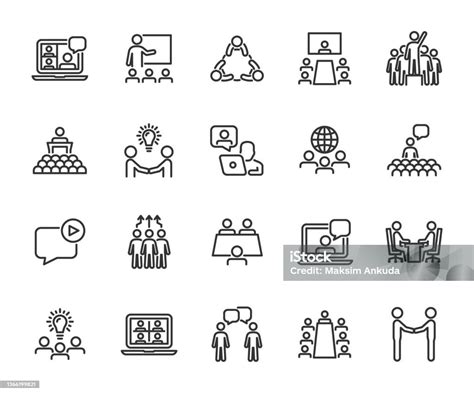 회의 선 아이콘의 벡터 집합입니다 아이콘 화상 회의 세미나 팀워크 온라인 회의 웨비나 리더 파트너십 국제 회의 컨퍼런스 등이 포함되어 있습니다 픽셀 완벽 아이콘에 대한 스톡