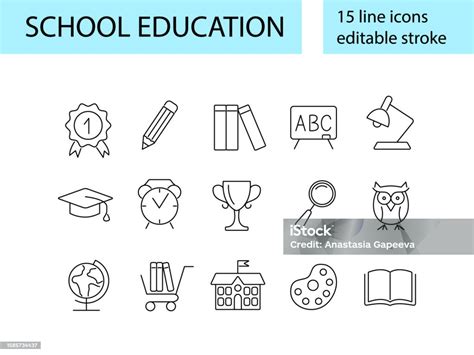 학교 교육 라인 아이콘 컬렉션입니다 글로브 메달 및 위너 컵 학교로 돌아 가기 격리된 벡터 그림 0명에 대한 스톡 벡터 아트 및 기타 이미지 Istock