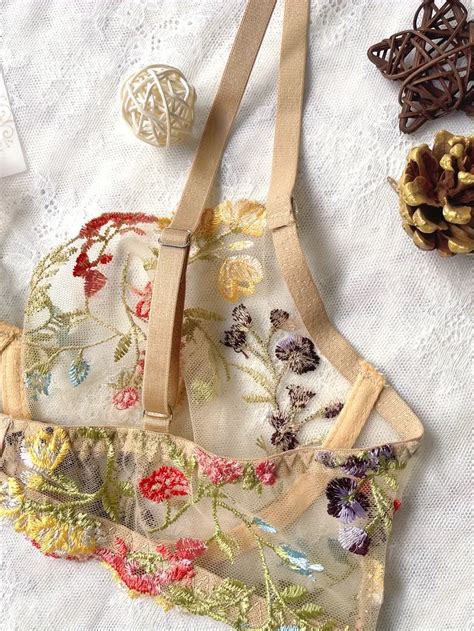 Floral Embroidery Lingerie Set Sheer Unlined Bra Mesh Thong Temu