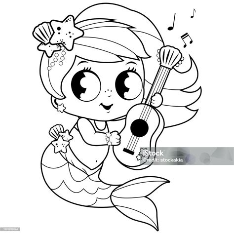 그녀의 기타와 함께 음악을 연주 귀여운 인어 벡터 흑백 색칠 하기 페이지 여자 인어에 대한 스톡 벡터 아트 및 기타 이미지 여자 인어 컬러링 북 페이지 일러스트레이션
