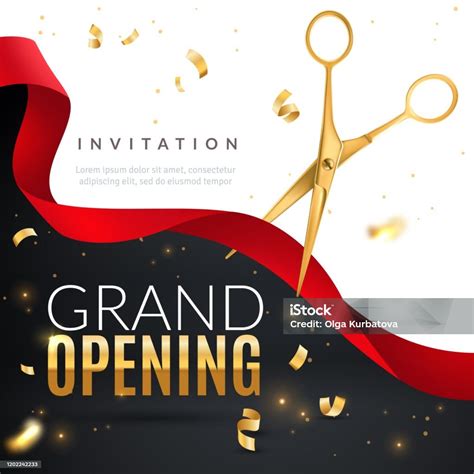 그랜드 오프닝 빨간 실크 리본을 자르는 황금 색종이와 가위 취임식 배너 오프닝 축하 벡터 포스터 취임식에 대한 스톡 벡터 아트