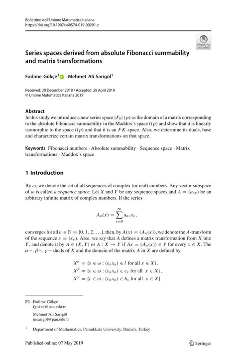Pdf Series Spaces Derived From Absolute Fibonacci Summability And Matrix Transformations