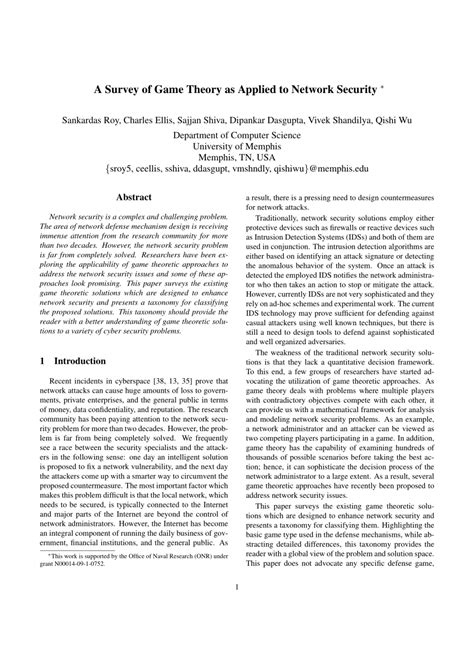 Pdf A Survey Of Game Theory As Applied To Network Security