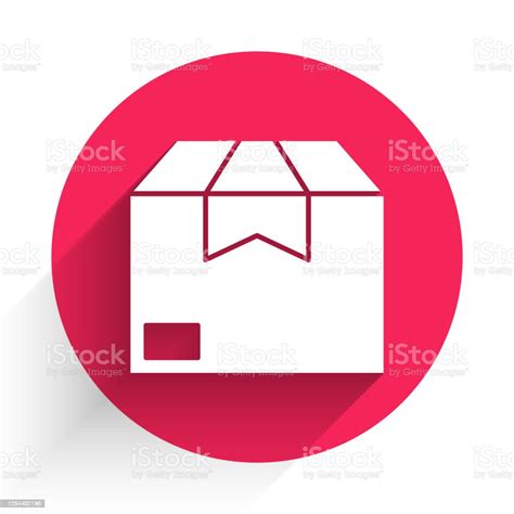 긴 그림자로 격리 된 흰색 판지 골판지 상자 아이콘 상자 포장 소포 표지판 배송 및 포장 빨간색 원 버튼입니다 벡터 일러스트레이션 0명에 대한 스톡 벡터 아트 및 기타