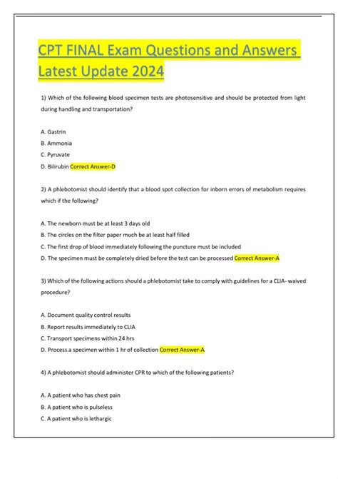 cpt final exam questions and answers latest update 2024 cpt certified phlebotomy technician