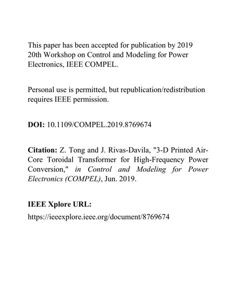 Pdf 3 D Printed Air Core Toroidal Transformer For High Frequency Power Conversion