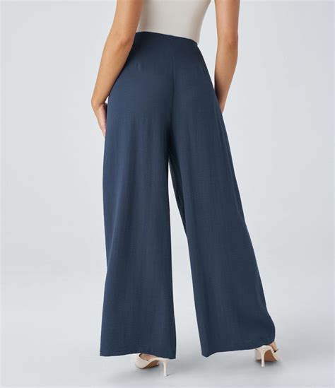 Womens High Waisted Decorative Button Invisible Zipper Wide Leg