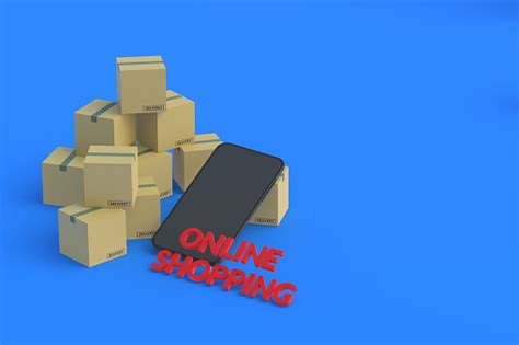 골판지 상자 근처의 스마트 폰과 파란색 배경에 비문 온라인 쇼핑 인터넷에서 구매 판매 원격 주문 상품의 배달 패키지 추적 전자 상거래 3d 렌더 3차원 형태에 대한 스톡