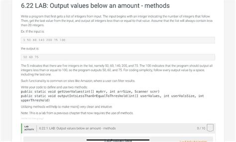 Solved 622 Lab Output Values Below An Amount Methods
